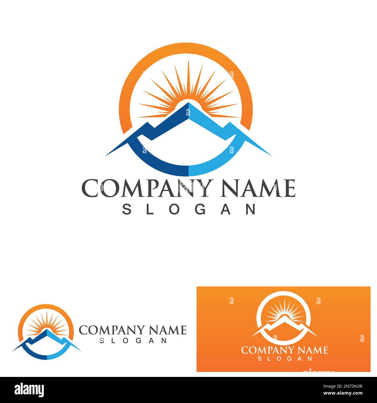 Isolated round sunset vector logo. Mountains silhouette. Minimalistic ...