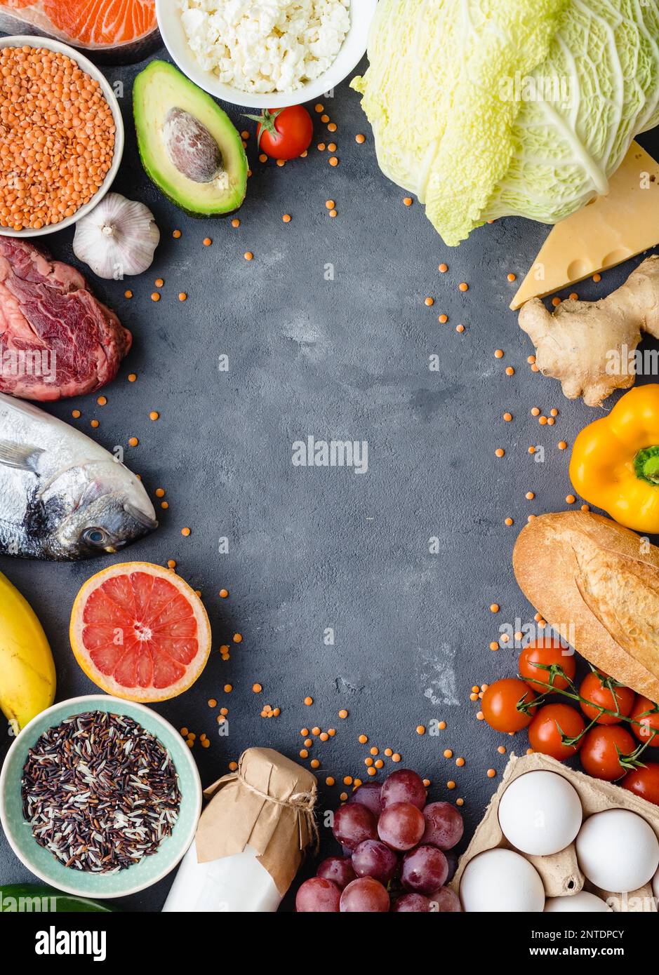 Healthy nutrition concept. Balanced healthy diet food background. Meat ...