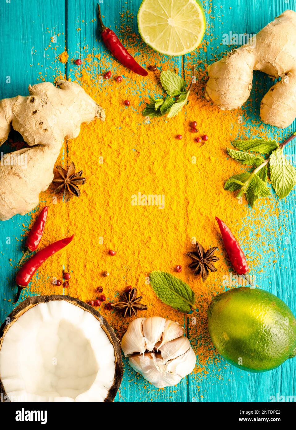 Thai food background. Ingredients for making thai food. Coconut, ginger ...