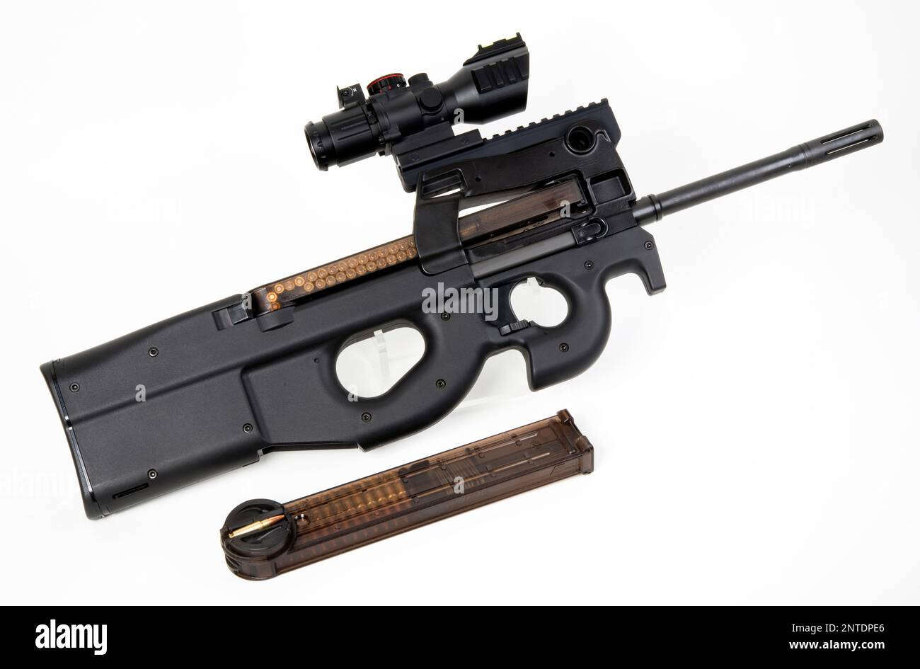 5.7 x 28mm bull pup assault rifle with large red dot scope Stock Photo ...