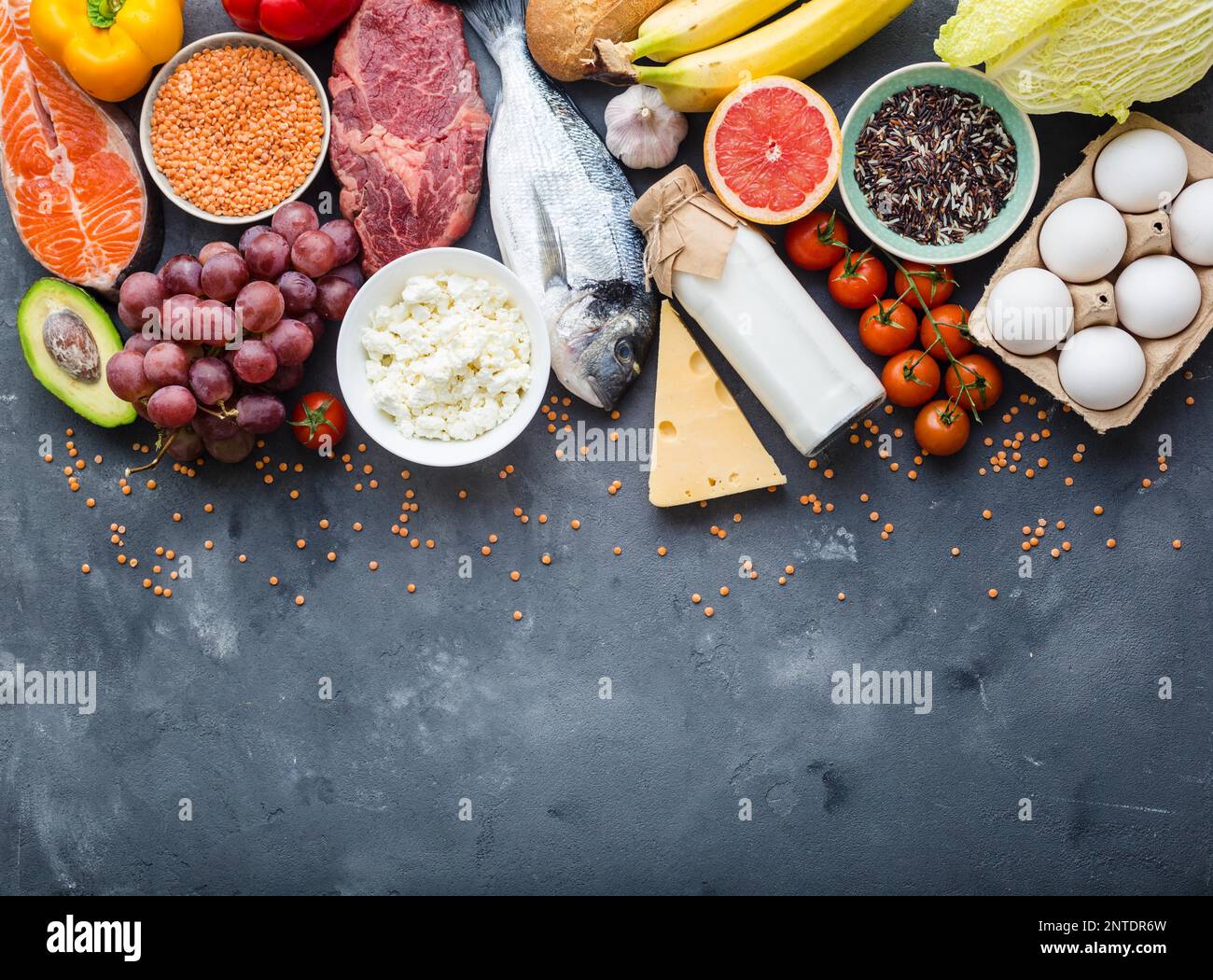 Healthy nutrition concept. Balanced healthy diet food background. Meat ...