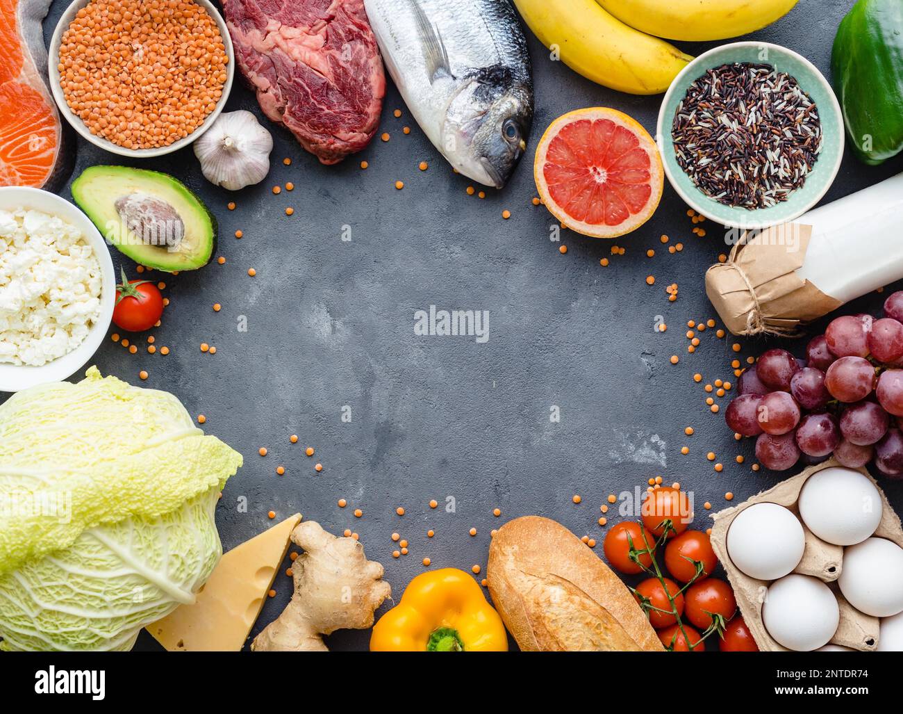 Healthy nutrition concept. Balanced healthy diet food background. Meat ...