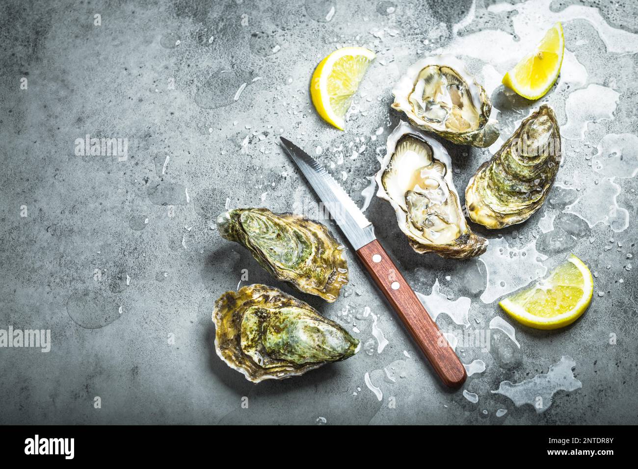 Fresh oysters on ice, knife, lemon wedges. Rustic stone background ...