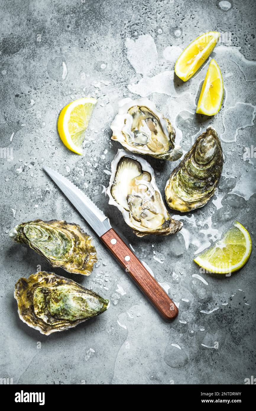 Fresh oysters on ice, knife, lemon wedges. Rustic stone background ...