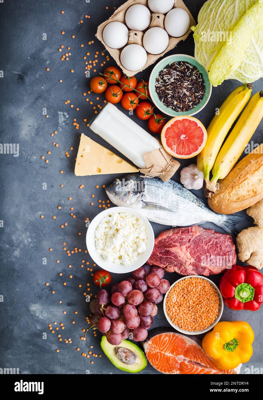 Healthy nutrition concept. Balanced healthy diet food background. Meat ...