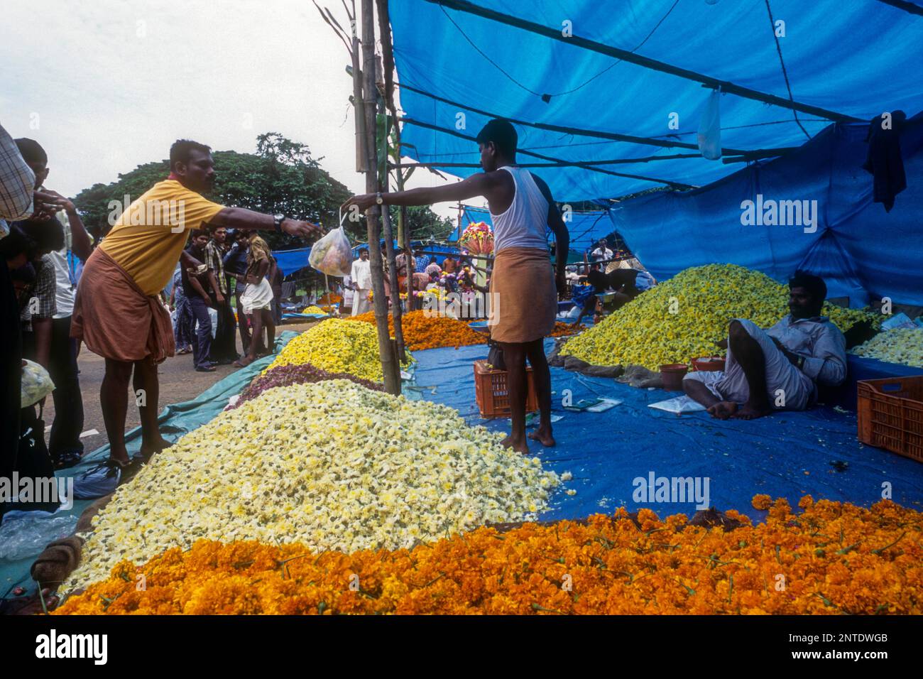 A flower market in plotform during Onam festival in Thrissur or Trichur ...