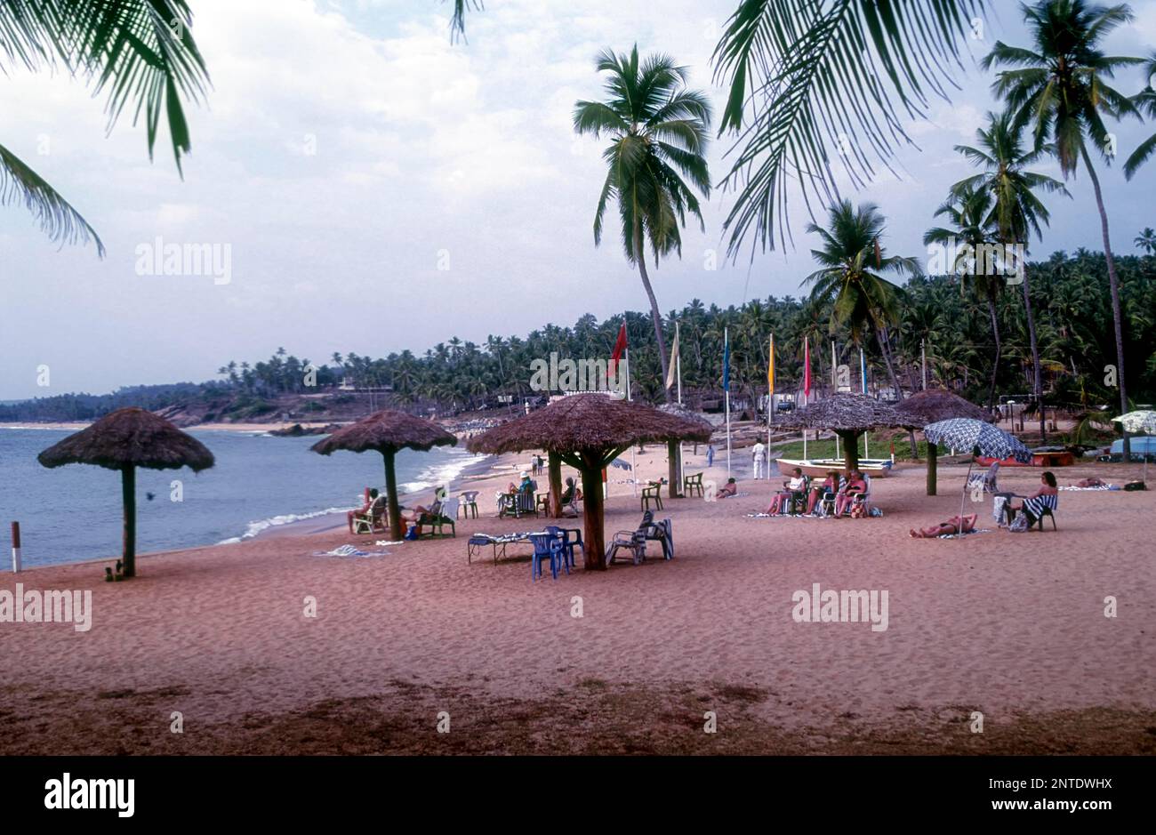 Kovalam, stretches of golden sand beach, fringed by coconut palms, very ...