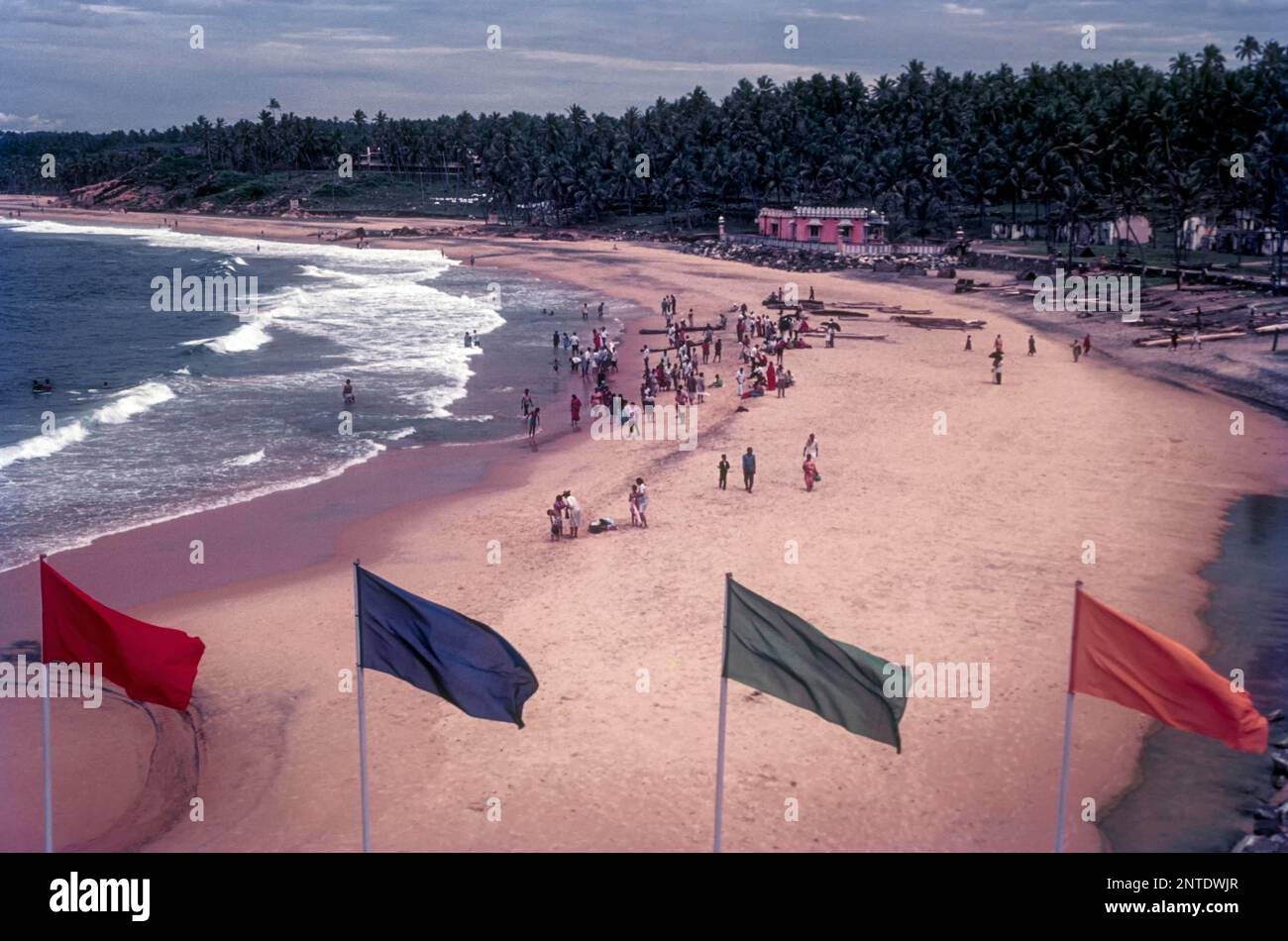 Kovalam, stretches of golden sand beach, fringed by coconut palms, very ...