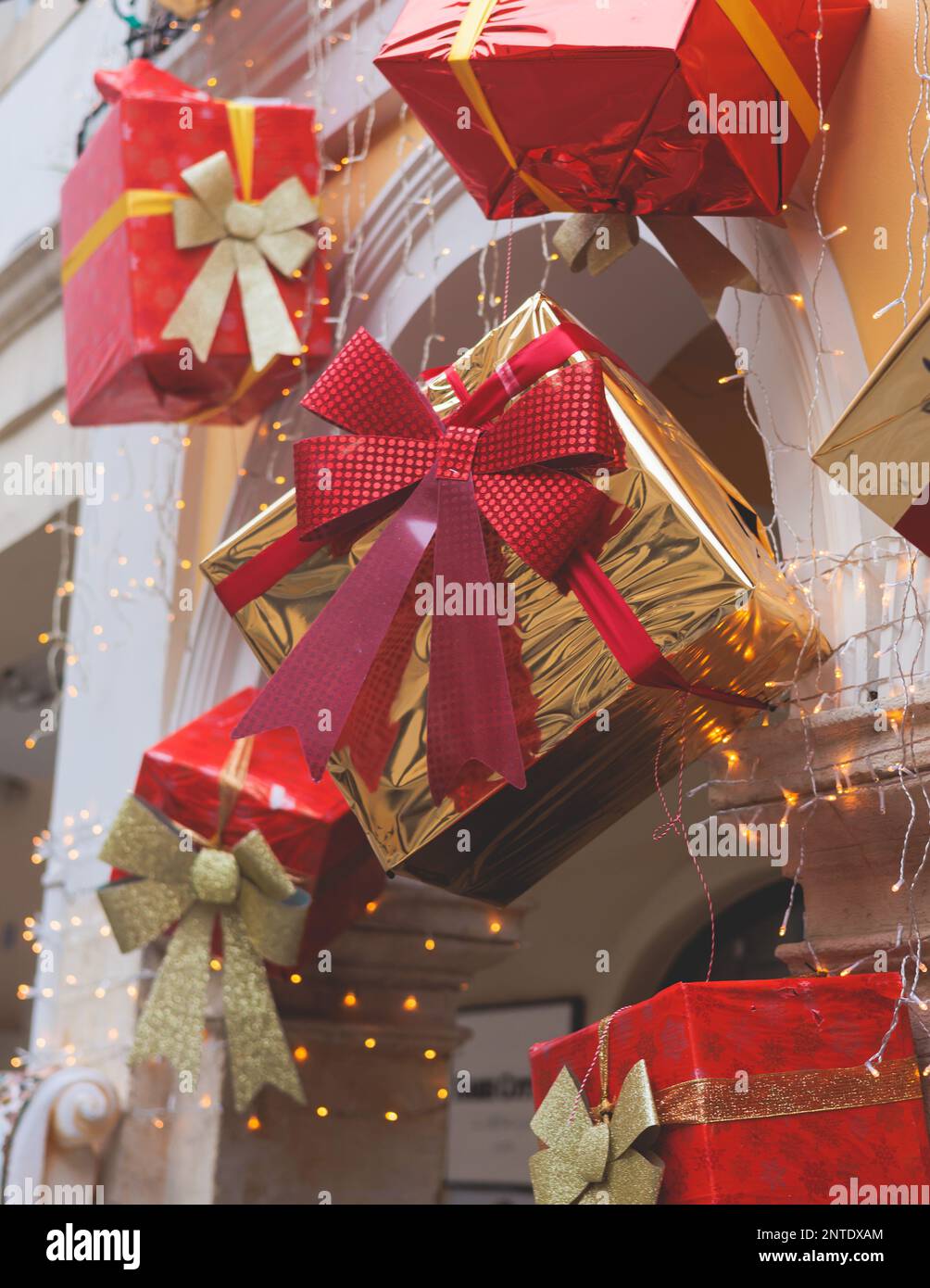 New Year Christmas street decorations of cafe or store facade entrance ...