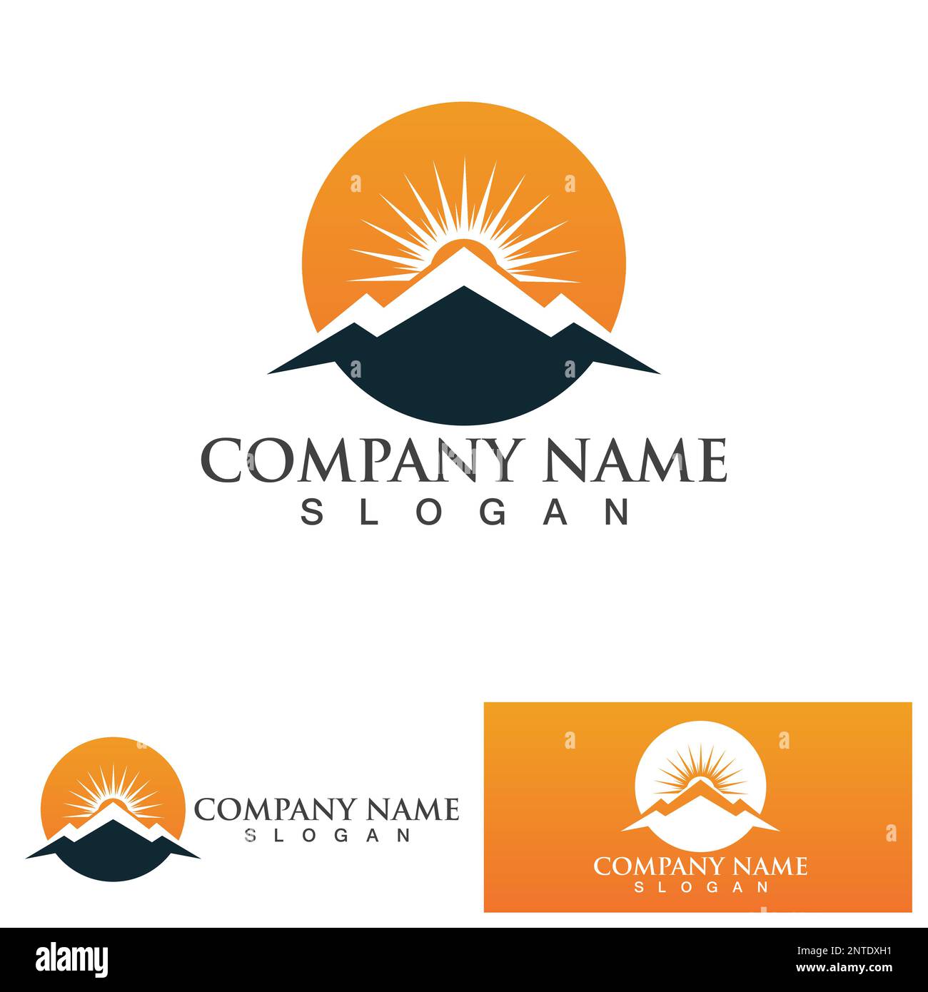 Isolated round sunset vector logo. Mountains silhouette. Minimalistic ...