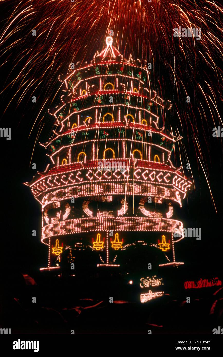 Neon lights and fireworks at Pooram Festival in Thrissur Trichur ...