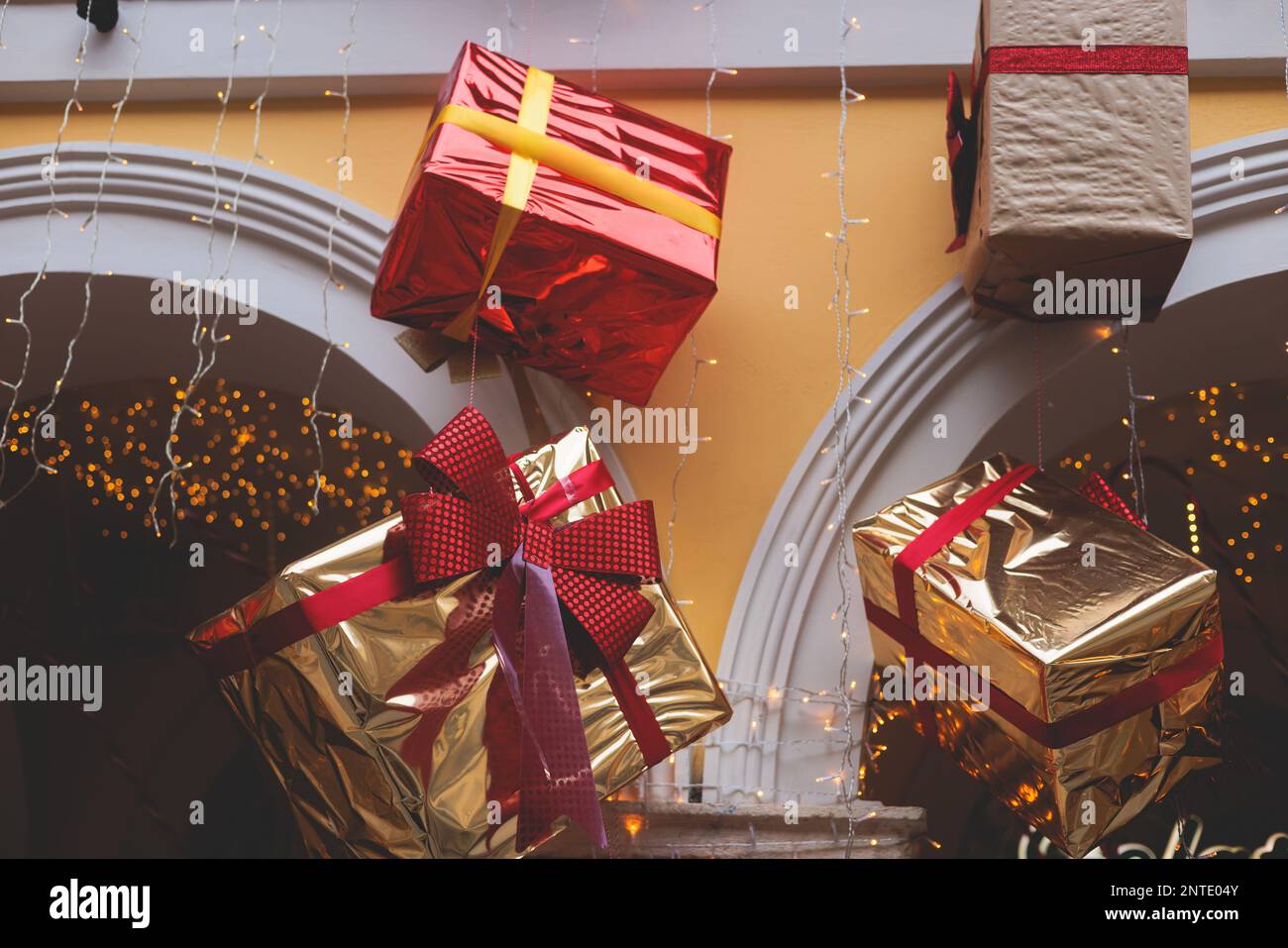 New Year Christmas street decorations of cafe or store facade entrance ...