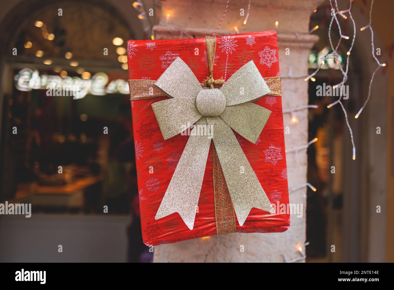 New Year Christmas street decorations of cafe or store facade entrance ...