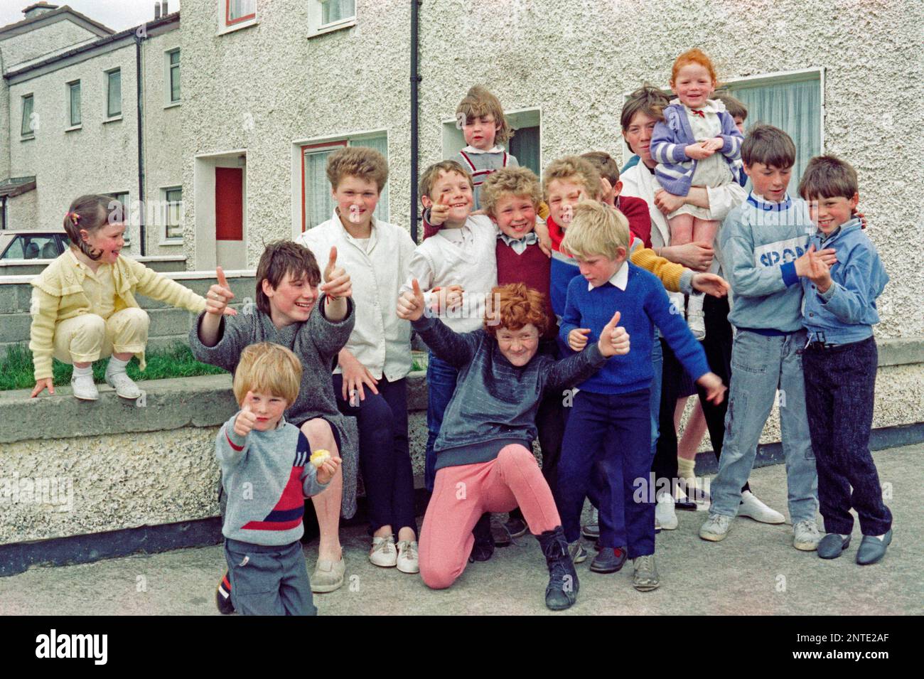 Happy children posing for the camera, boys, girls, Ballymun, Dublin ...