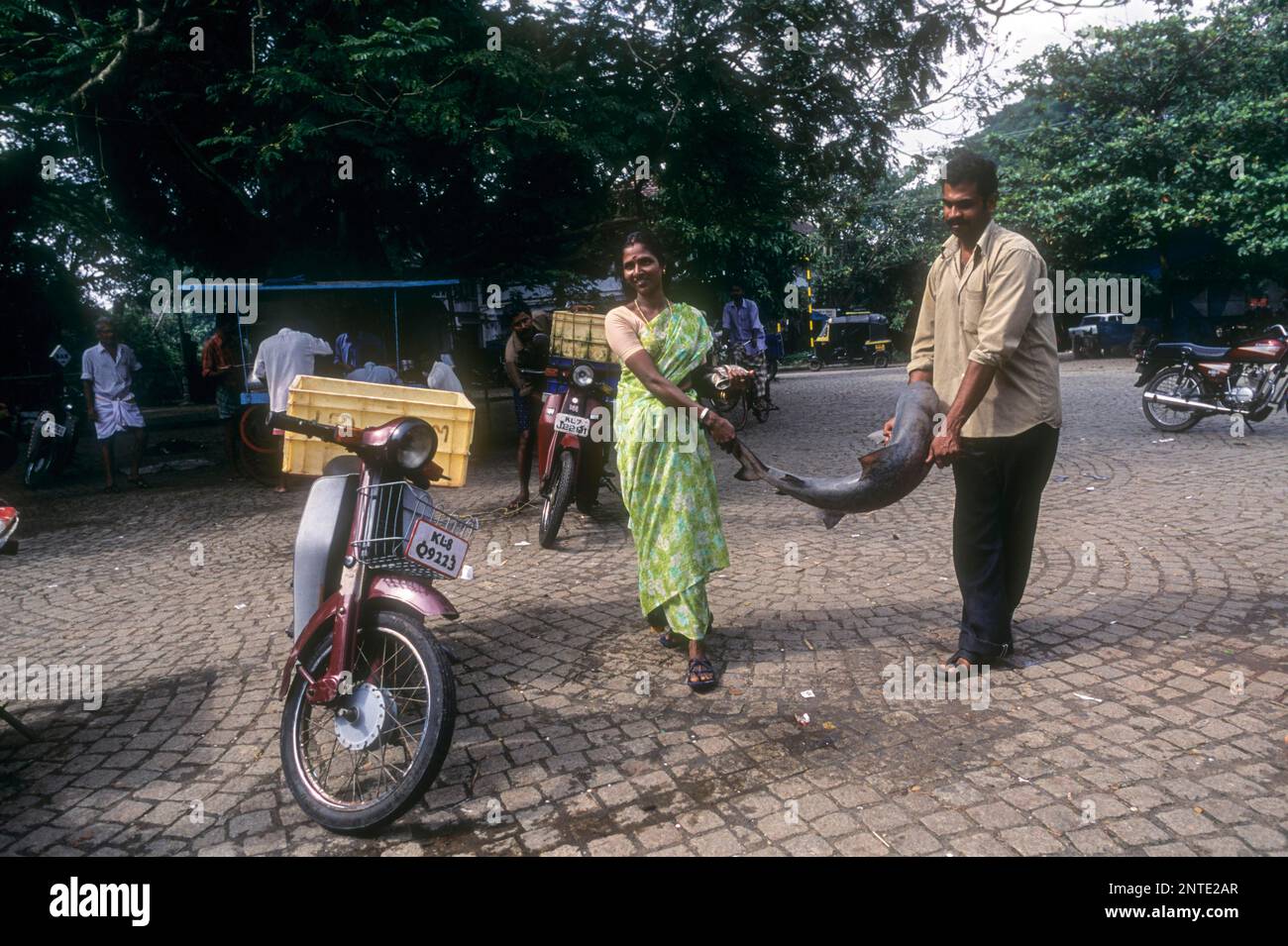 Two people carrying freshly caught shark fish at Fort Kochi, Kerala ...