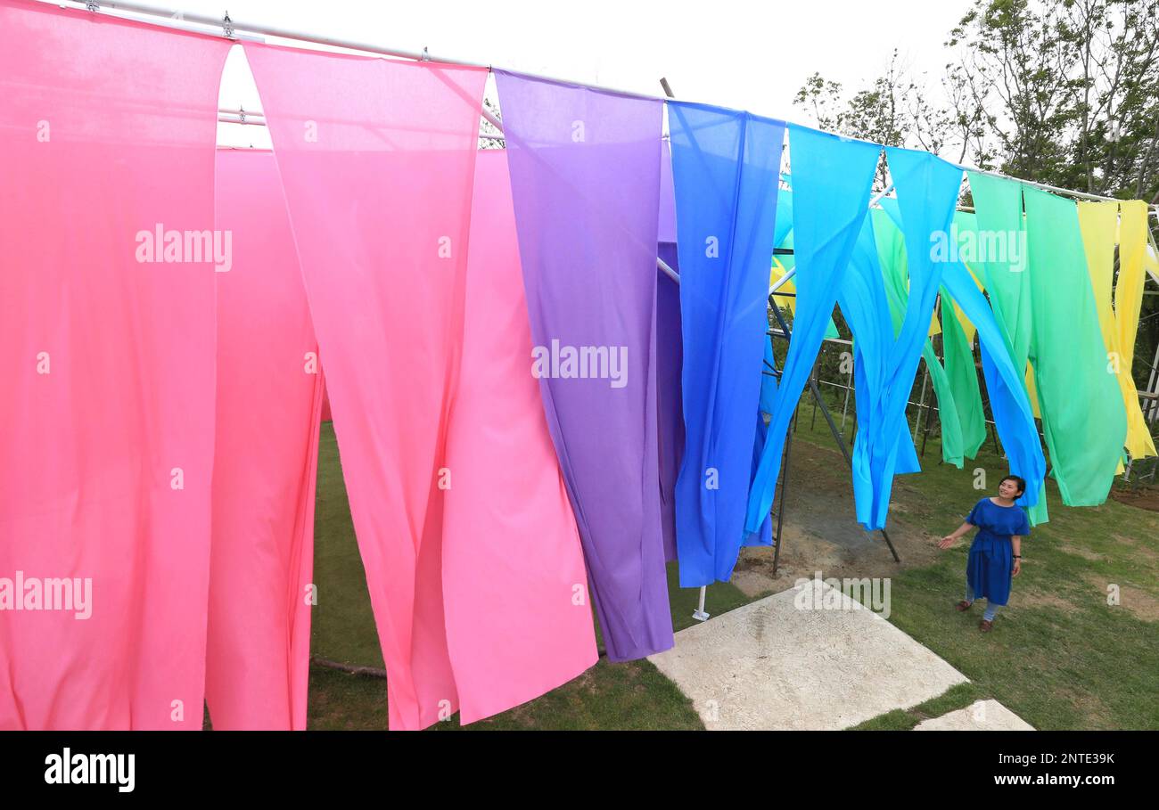 Japanese traditional cloth, Takashima chijimi are hung at the top of Mt ...