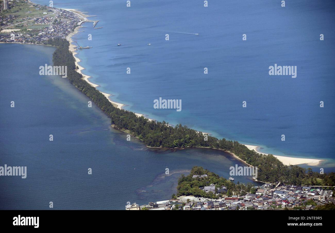 An aerial photo taken on May 29, 2019 shows Amanohashidate in Miyazu ...