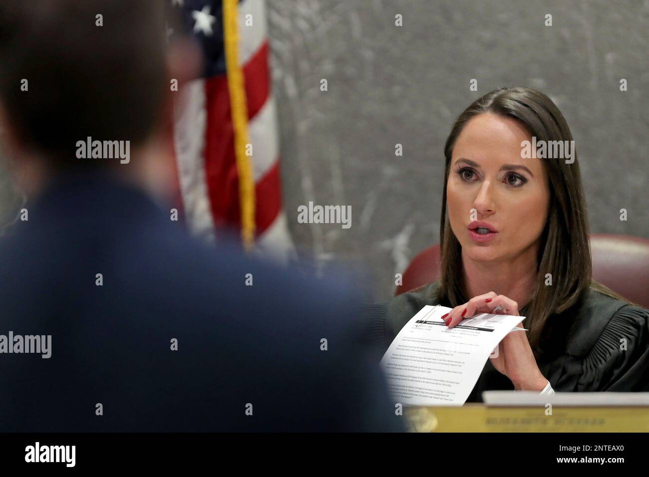 Judge Elizabeth Scherer looks at prosecutor Justin Griffis during a ...