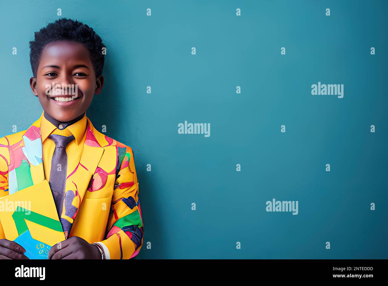 A smart kid on a colourful gradient background smiling with joy ...