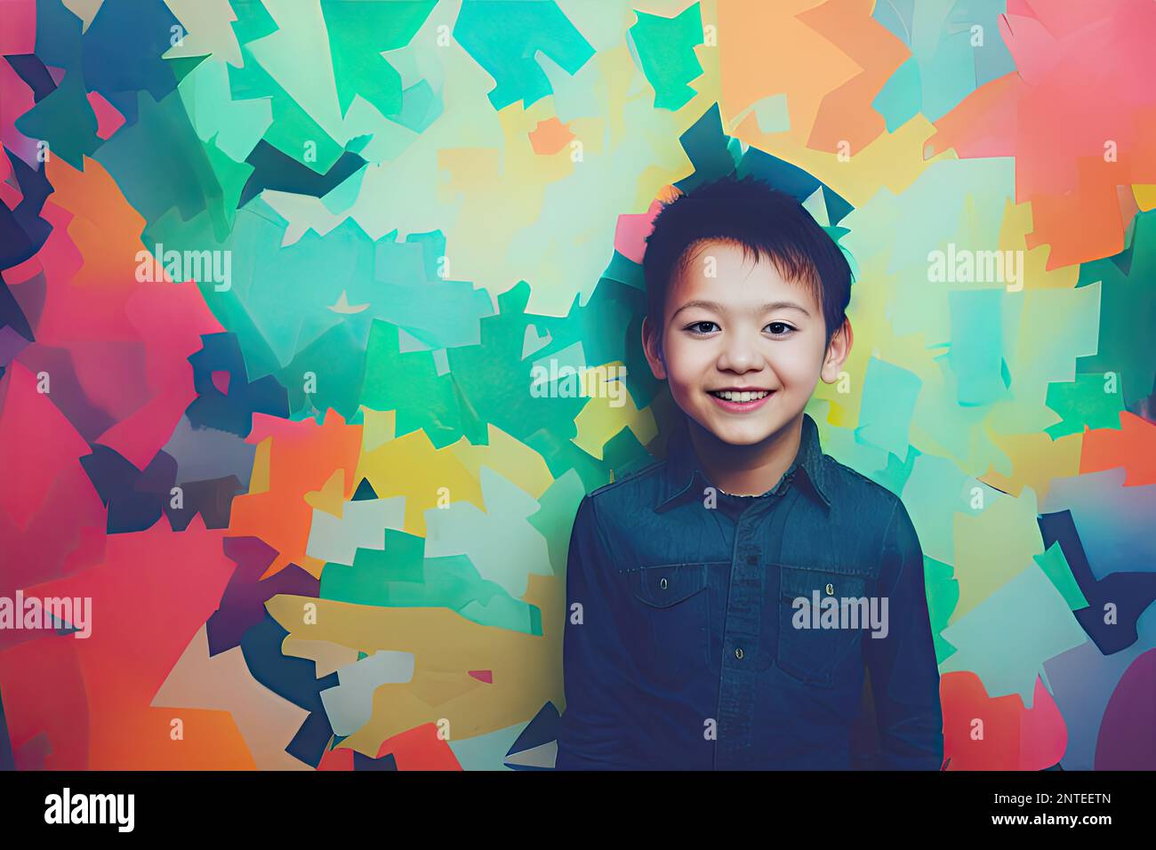 A smart kid on a colourful gradient background smiling with joy ...