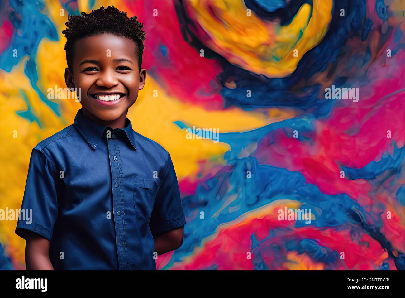 A smart kid on a colourful gradient background smiling with joy ...
