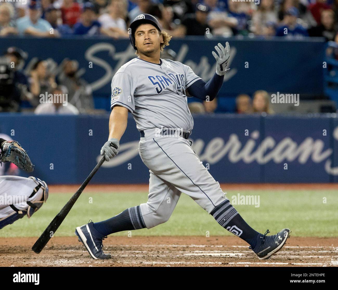 San Diego Padres' Josh Naylor strikes out against the Toronto Blue Jays in the eighth inning of ...