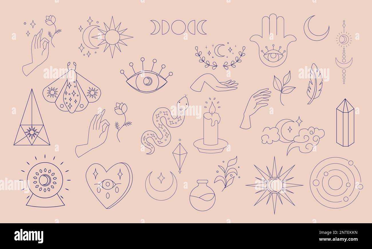 Esoteric elements collection. Magic icons minimalistic symbols, hands ...