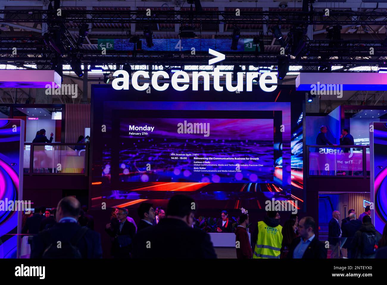 Barcelona, Spain. 27th Feb, 2023. The Accenture company logo is seen during the first day of ...
