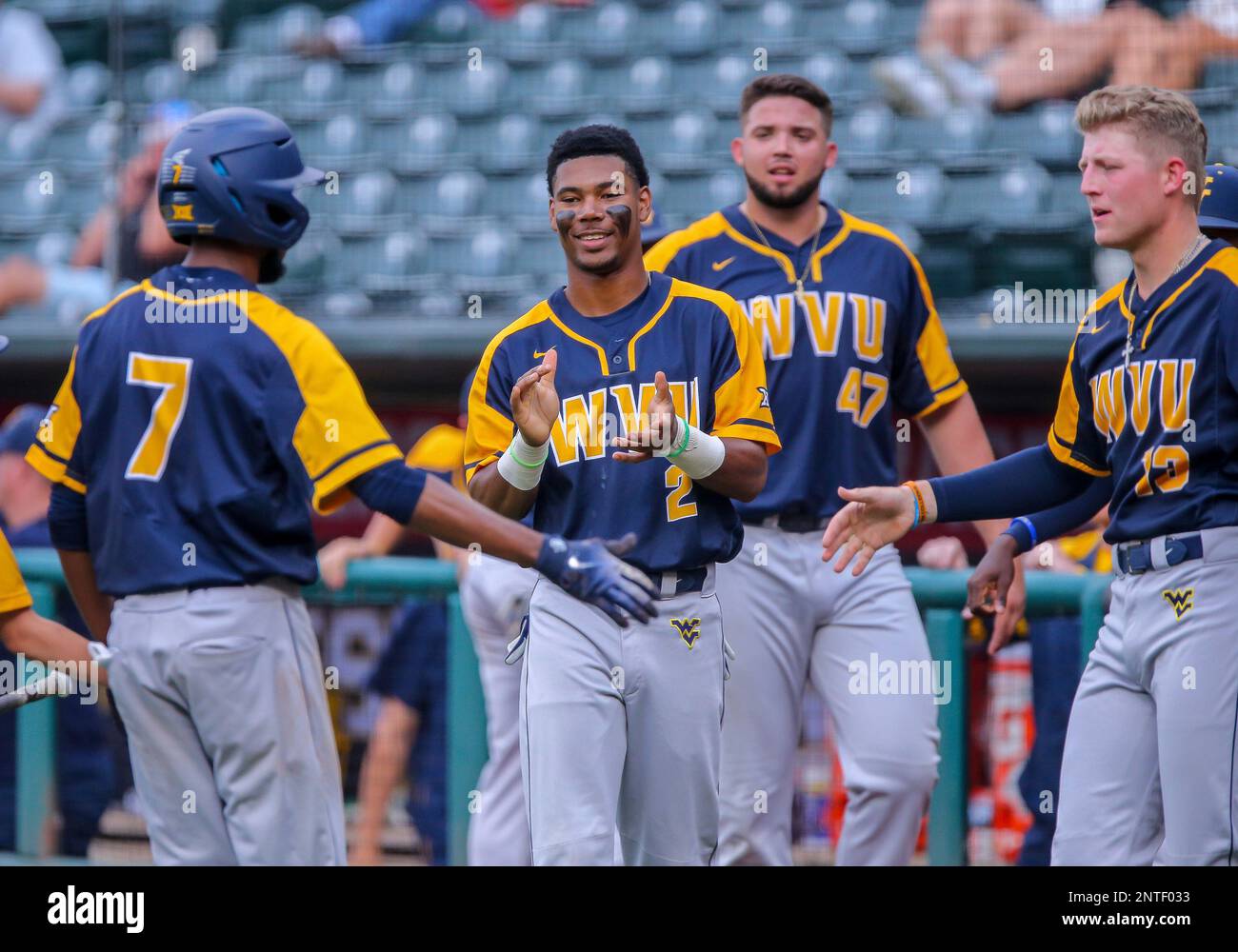 May 23, 2019: West Virginia outfielder/pitcher Brandon White (7) is met ...