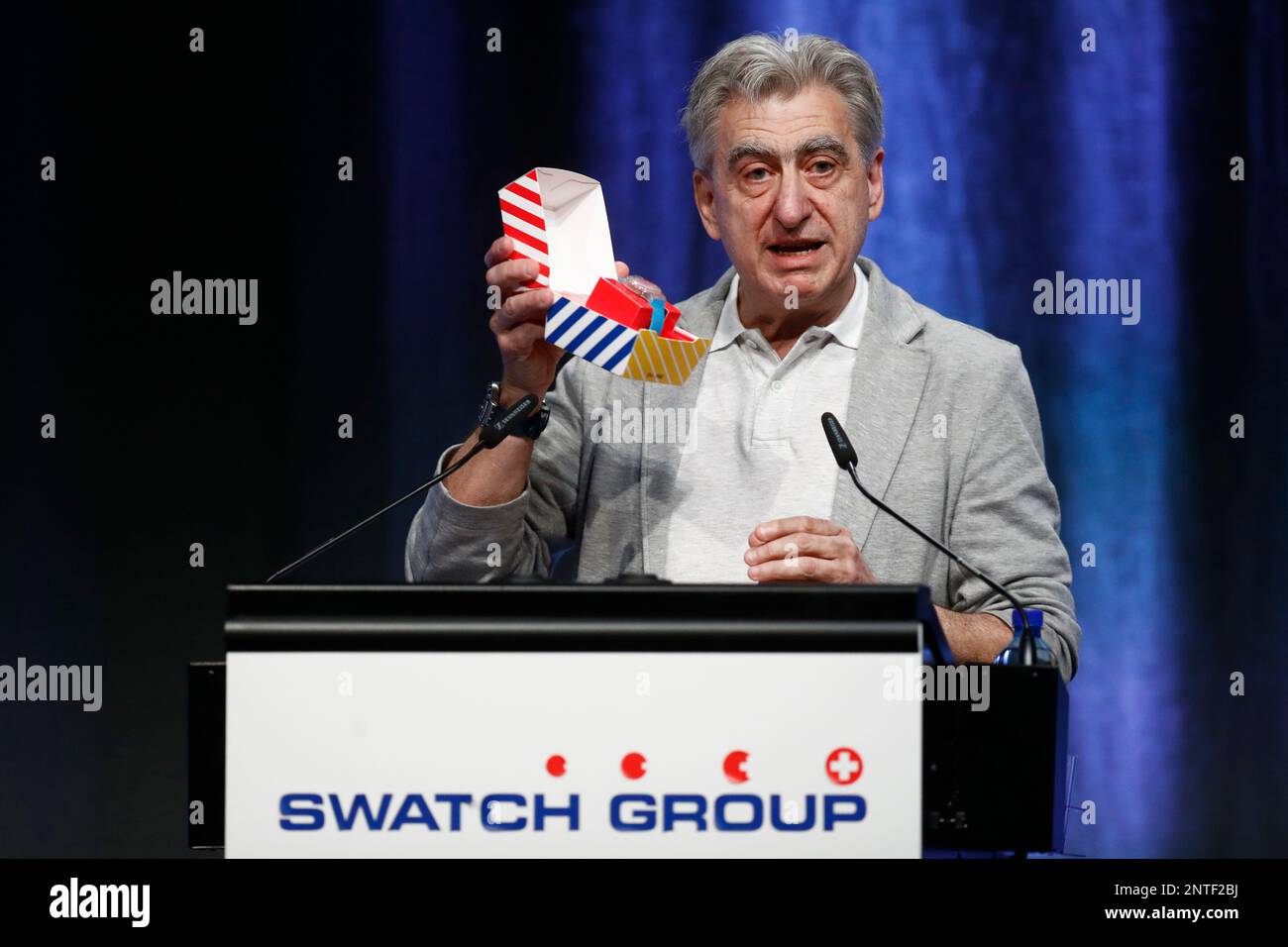 Nick Hayek, CEO Swatch Group, presents the packaging from the new ...