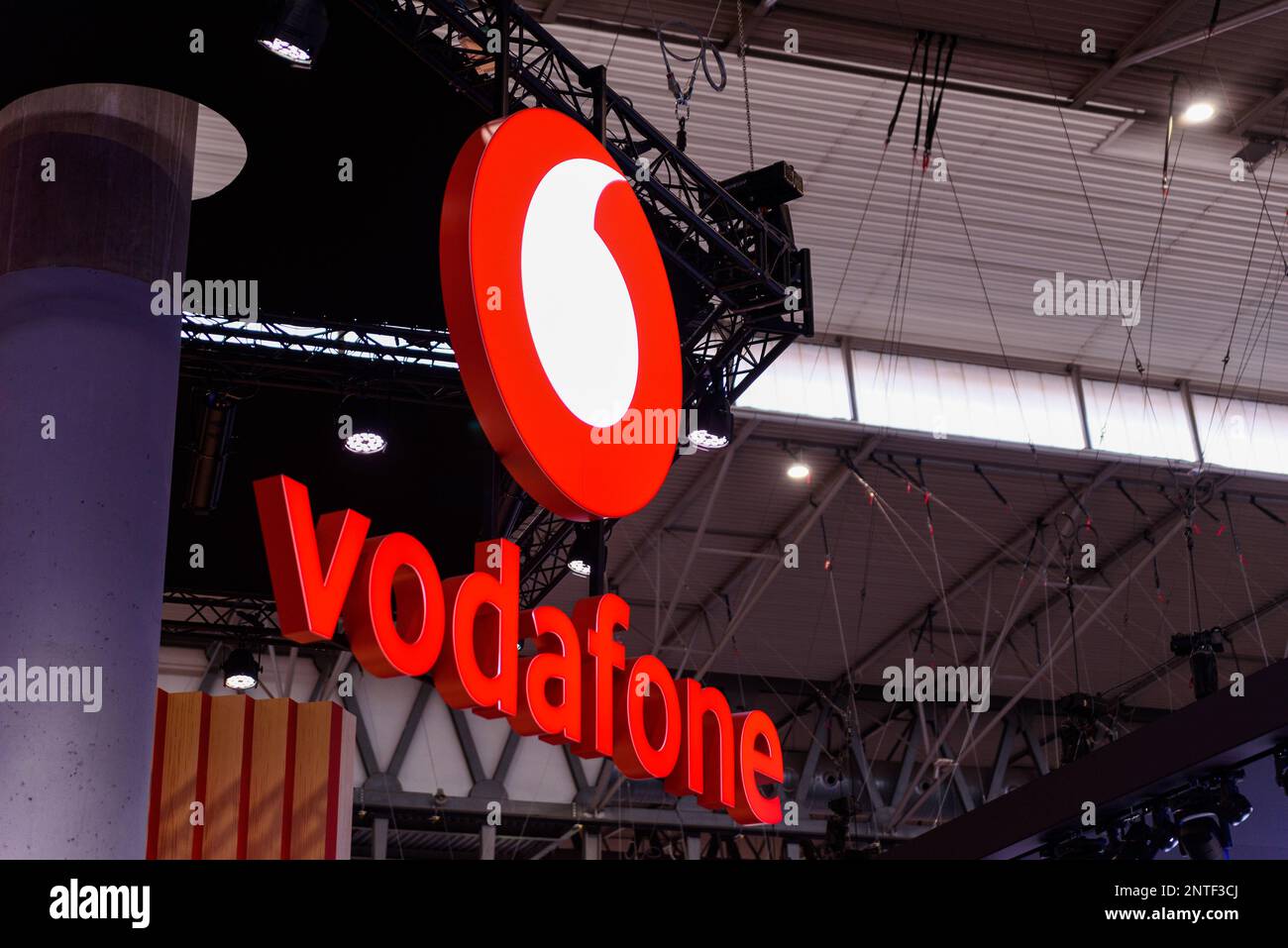 Barcelona, Spain. 27th Feb, 2023. The Vodafone logo is seen during the ...