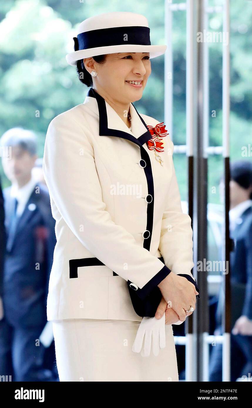 Japanese Empress Masako arrives at the Meiji Shrine Kaikan to attend ...