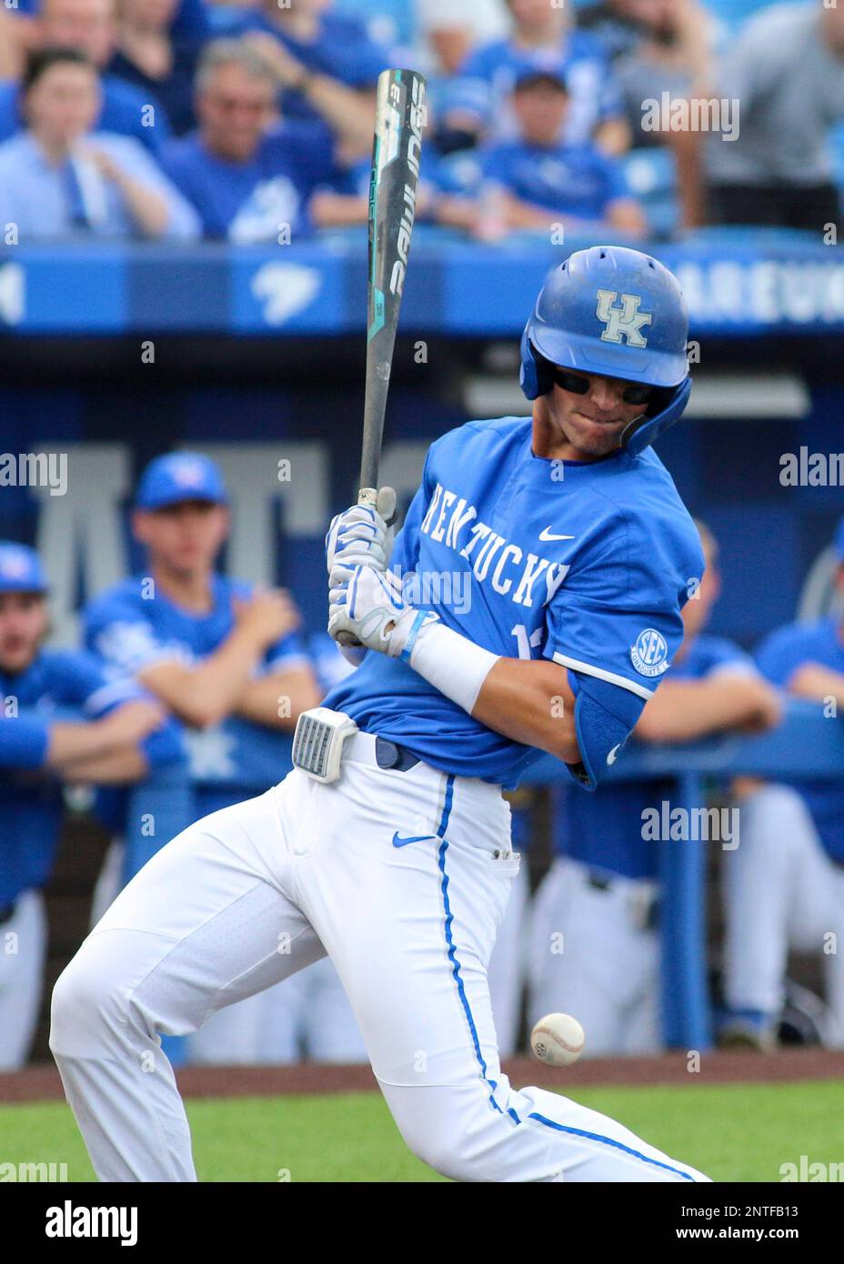 May 17, 2019: Kentucky's Ryan Shinn is hit by a pitch during a game ...