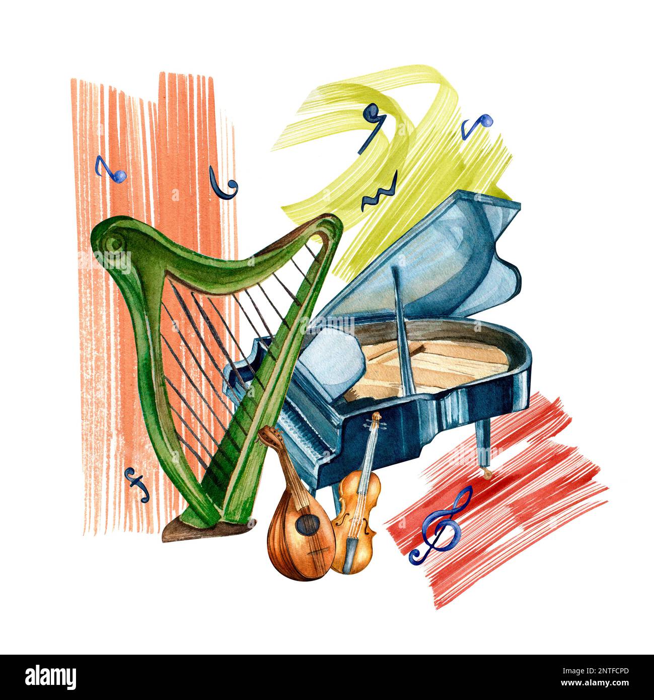Harp, violin, grand piano, mandoline and paint stroke watercolor ...