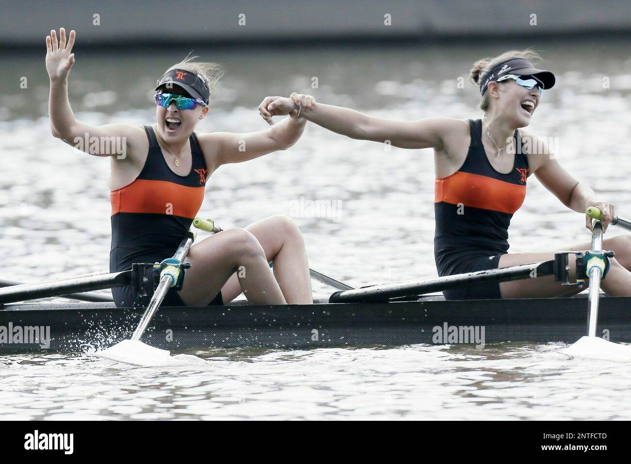 Ridley High School competitors celebrate winning the girls' senior quad ...