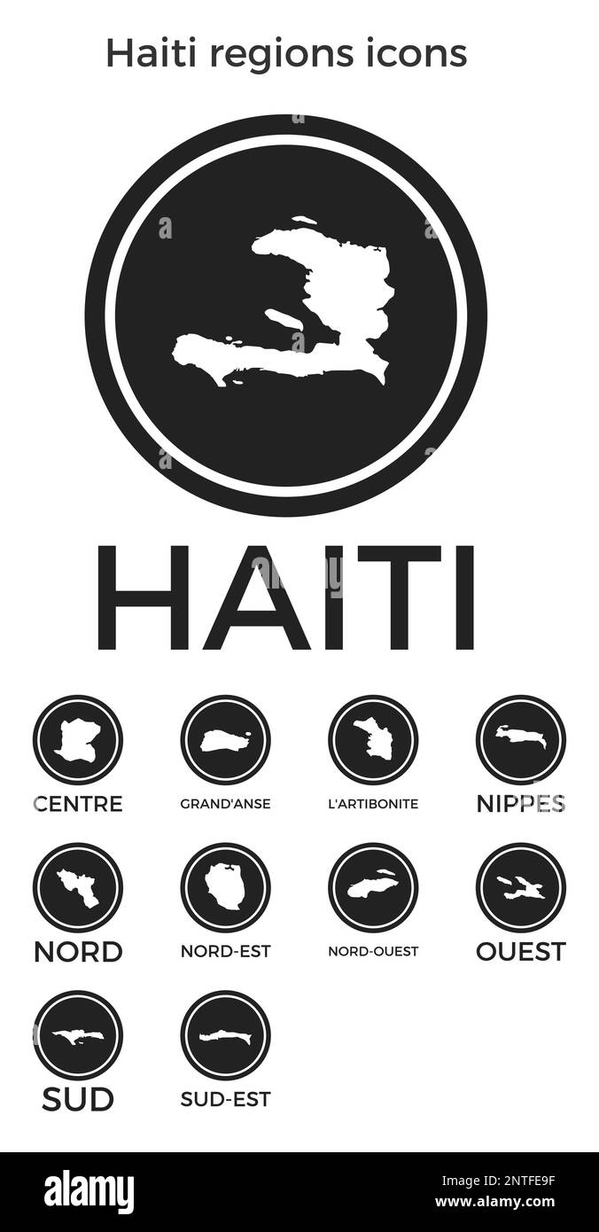 Haiti regions icons. Black round logos with country regions maps and ...