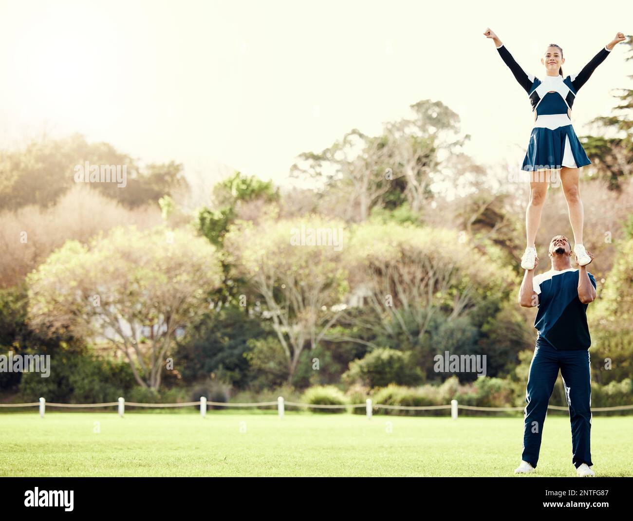 Cheerleading student, lift and mockup outdoor for on cheer camp with ...