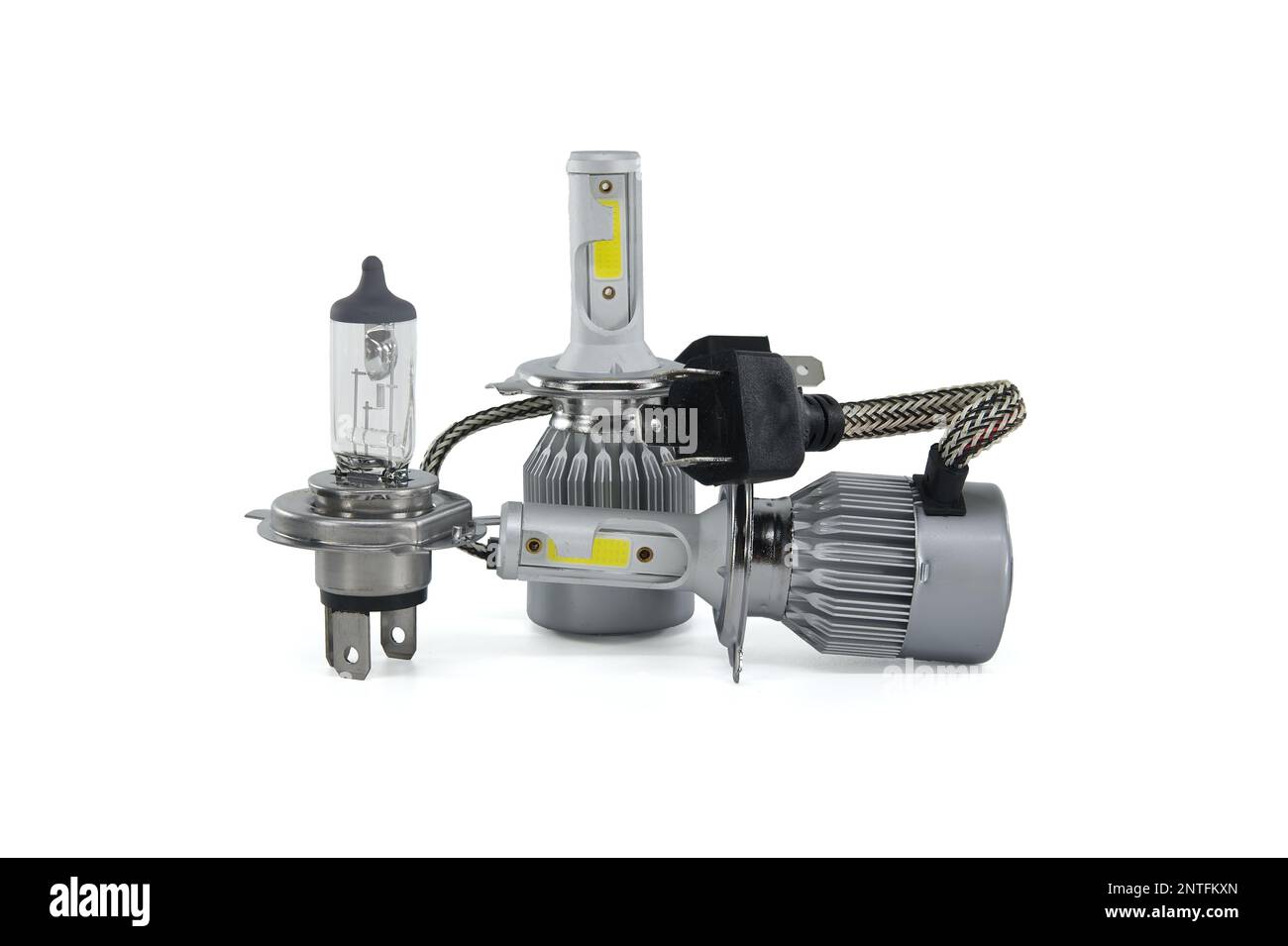 H4 halogen lamp and LED headlight bulbs isolated on white background ...