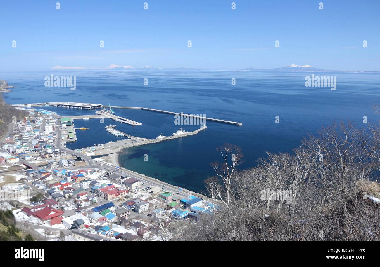 Kunashiri Island is pictured from Rausu Kunashiri observation platform ...