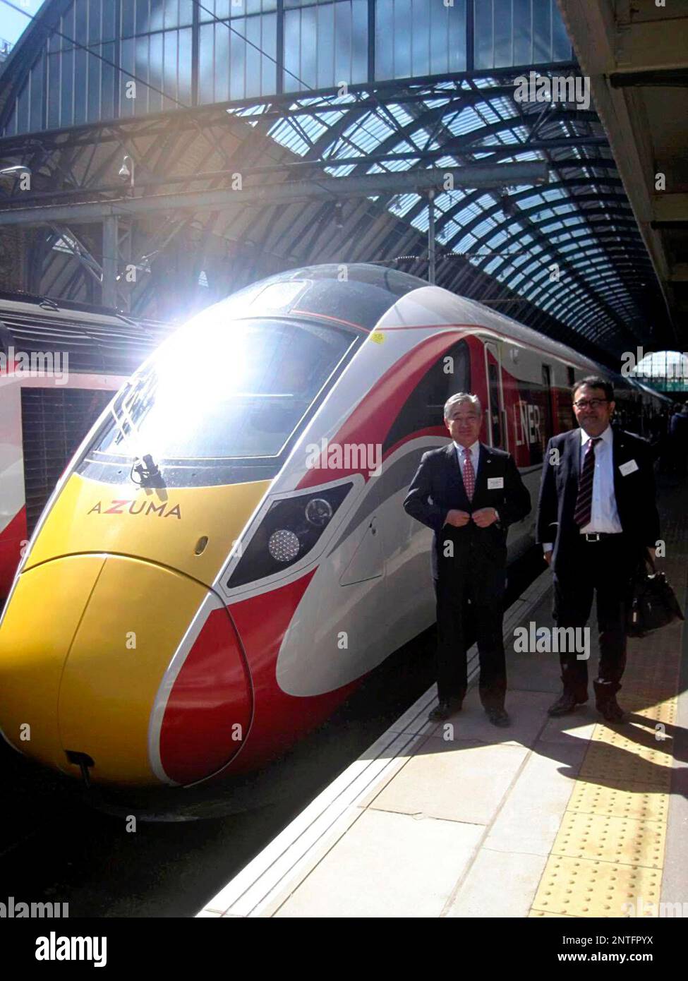 Hitachi Ltd. unveils new Azuma bullet trains to the media at the Kings ...