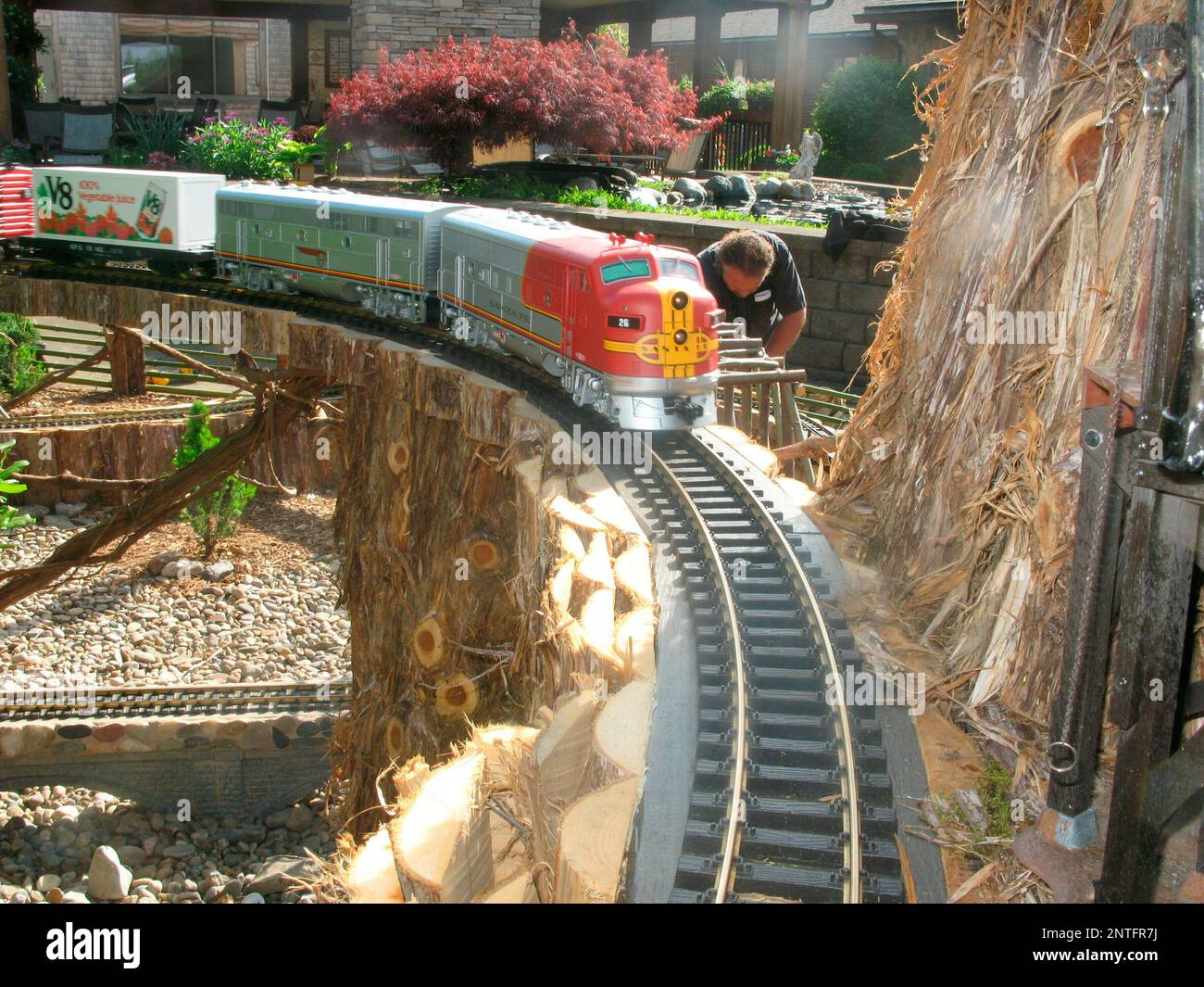 The Sante Fe locomotive approaches at the model train display at Ohio ...
