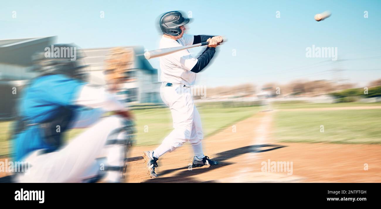 Baseball bat, athlete swing and speed ball on a outdoor sport field ...