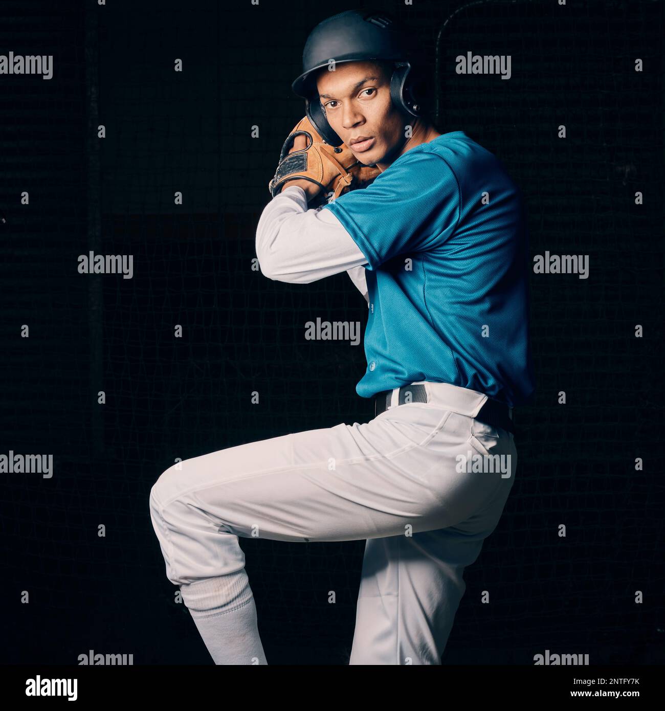Baseball pitcher, black man and studio portrait with focus, vision and ...