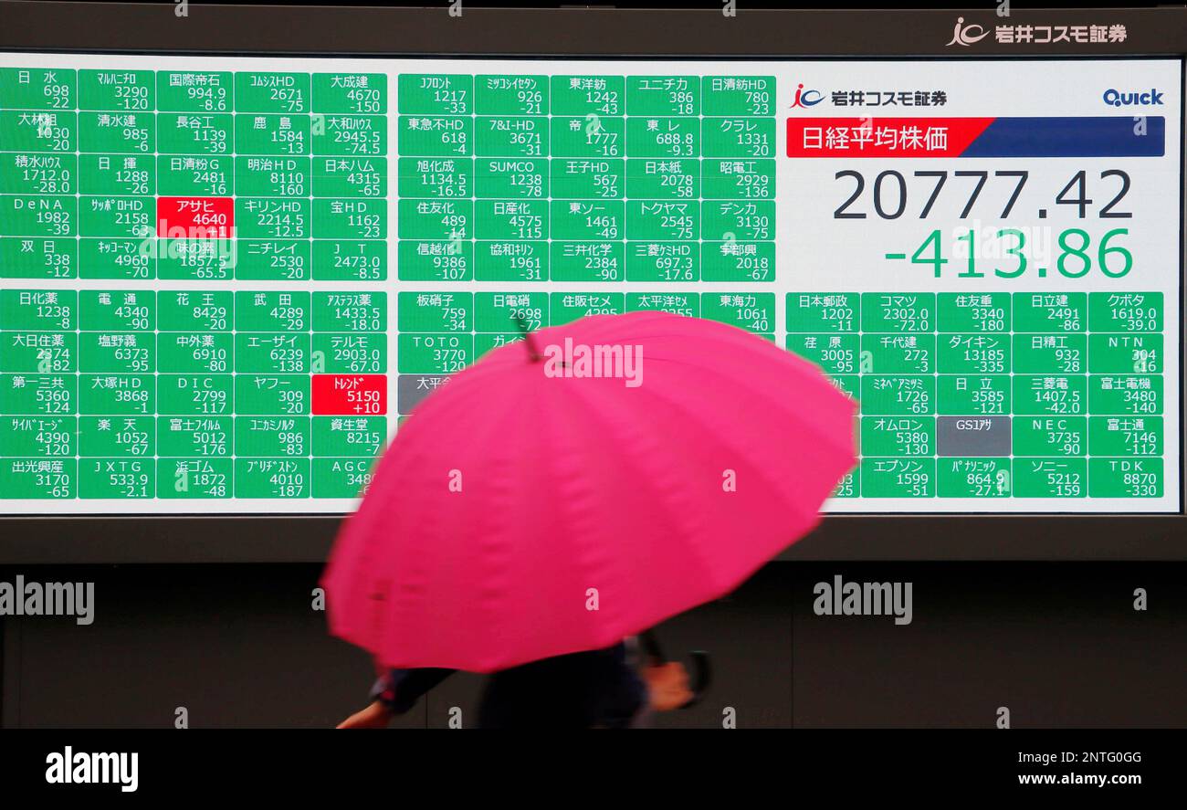 An electric board displays the Nikkei stock average rate falling in ...