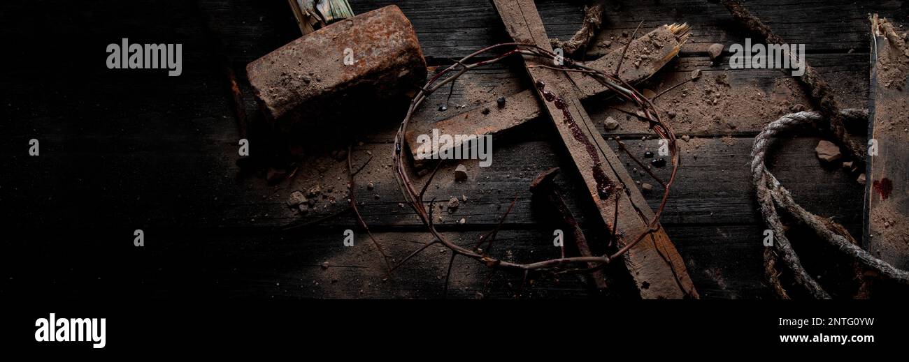 Jesus Christ Hammer And Bloody Nails And Crown Of Thorns on dark ...