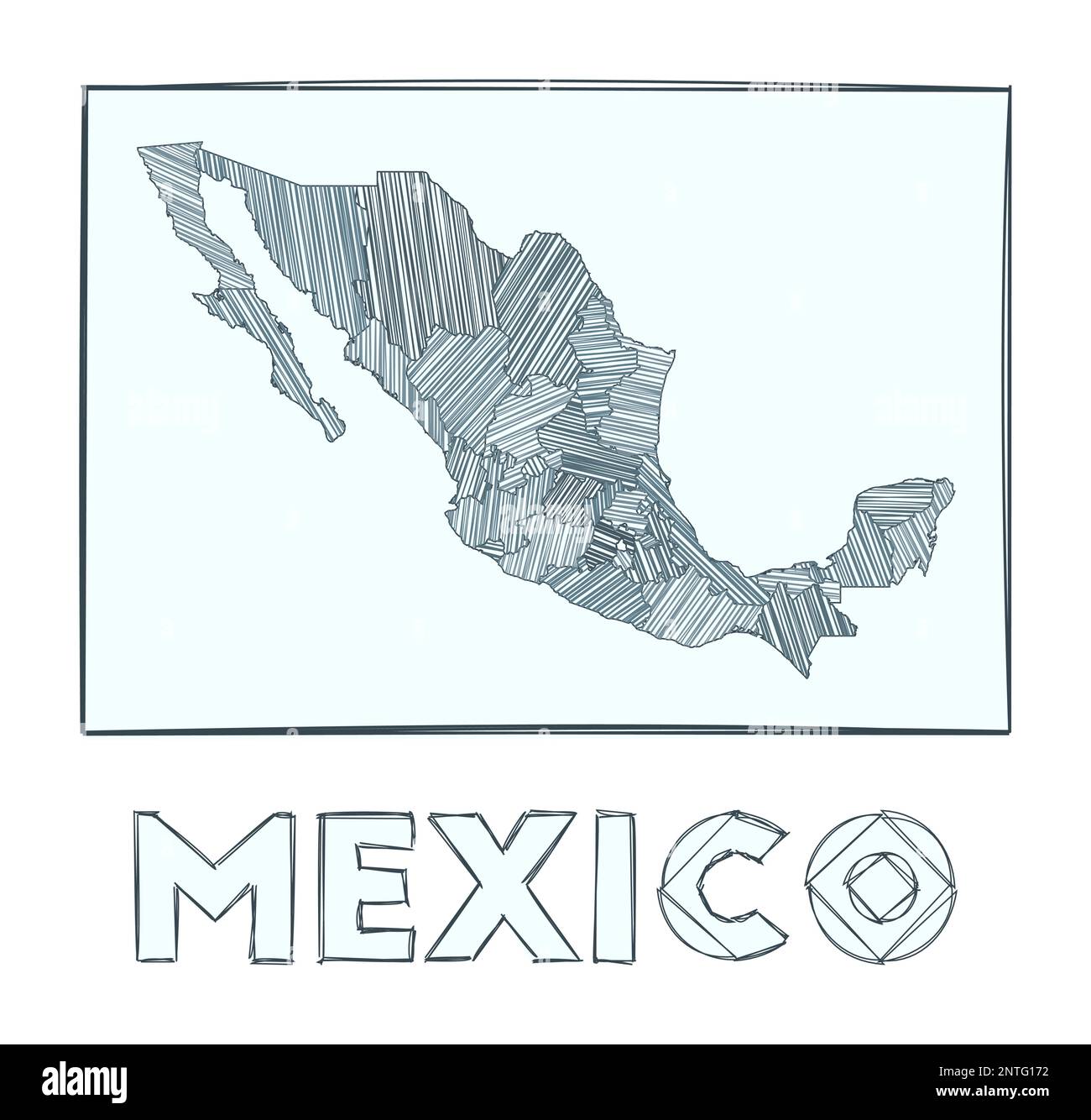 Sketch map of Mexico. Grayscale hand-drawn map of the country. Filled ...