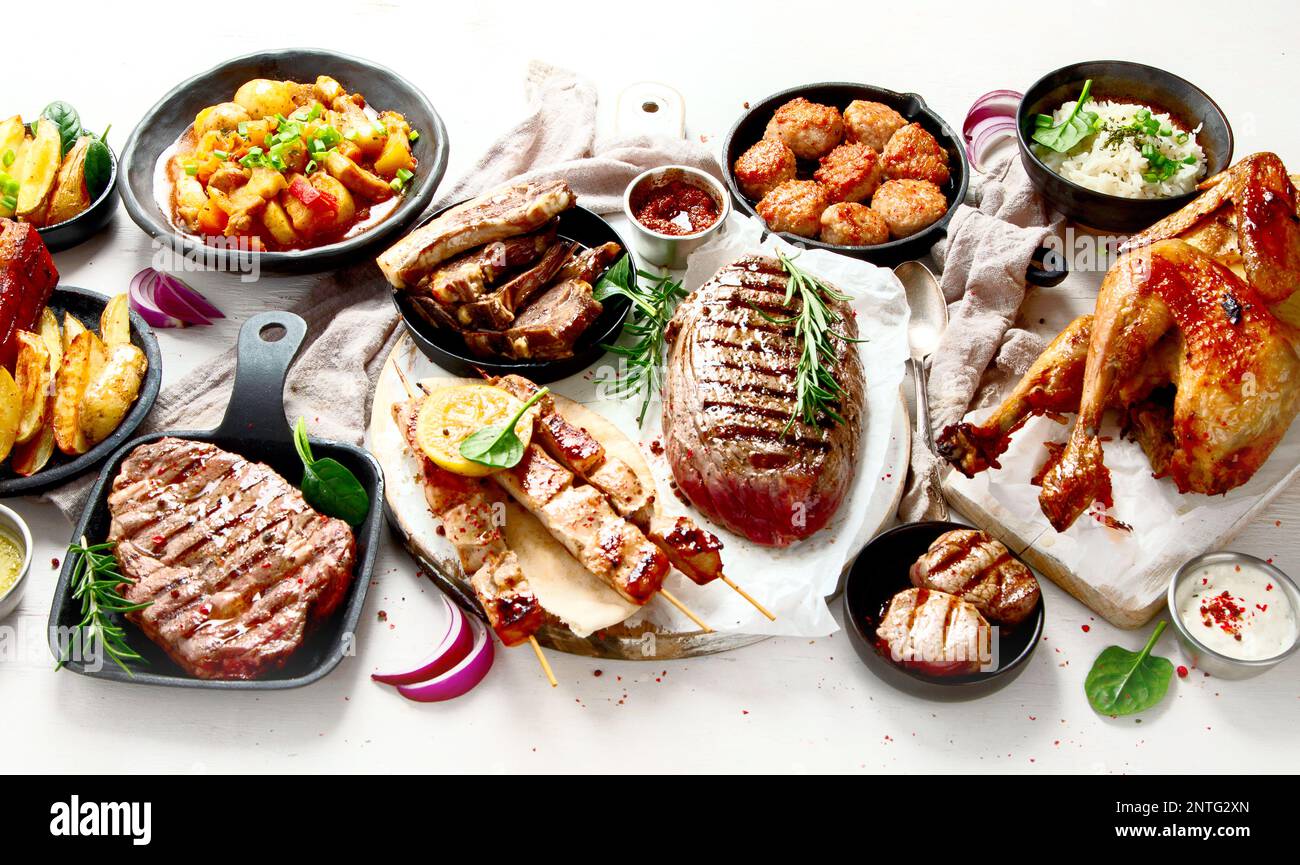Meat main dishes. Plates of various meat. Non vegetarian food banner ...