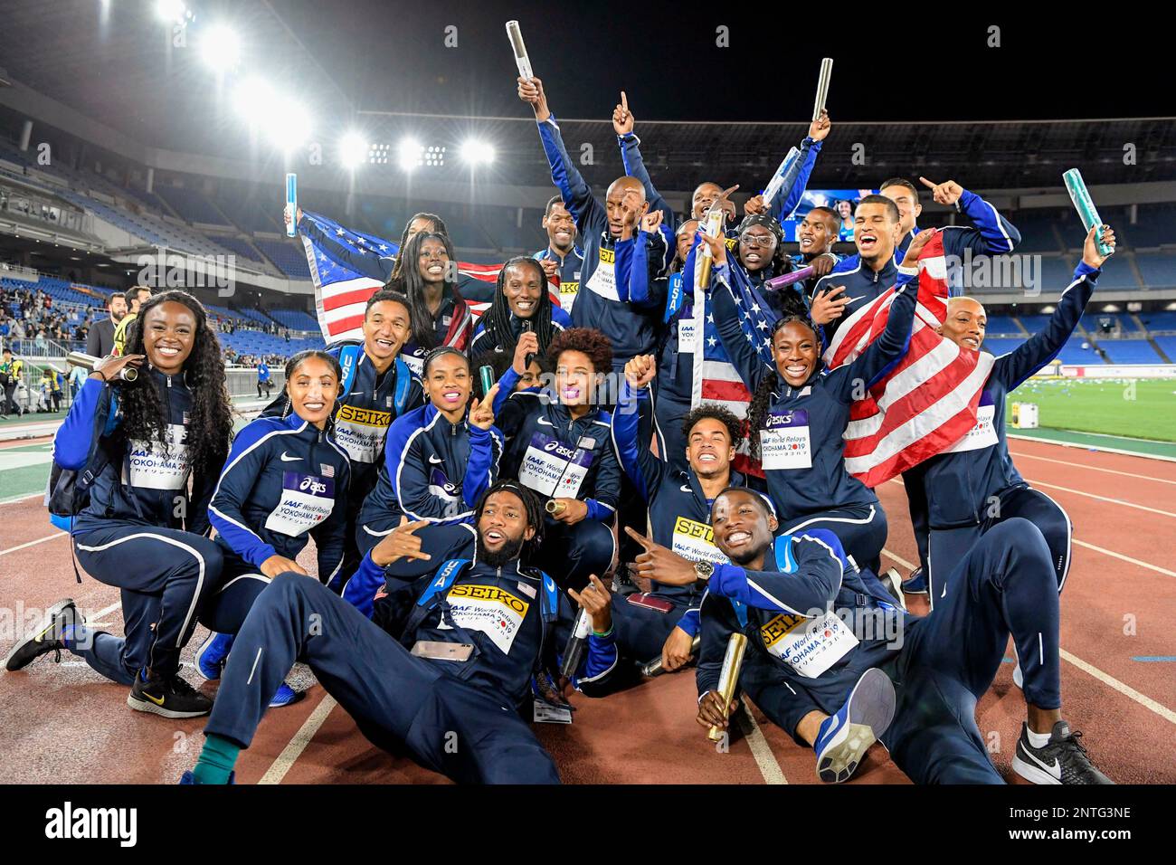 U.S. relay team pose for a group photo after awarding ceremony at the ...
