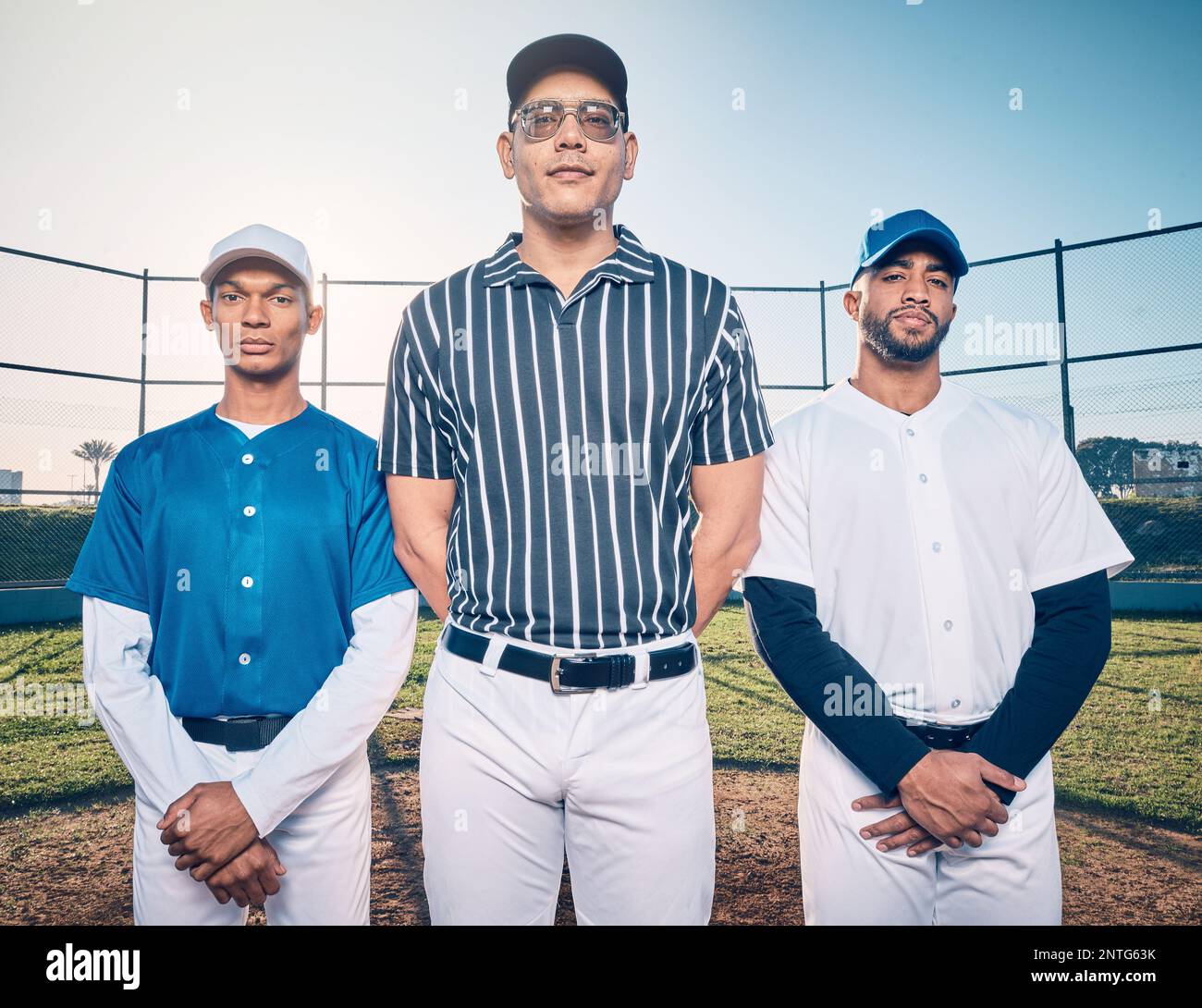 Baseball, team and coach in portrait on pitch, athlete and sports with ...