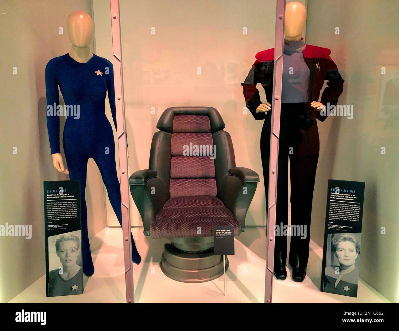 In this May 9, 2019 photo, the Seven of Nine costume, left, worn by ...